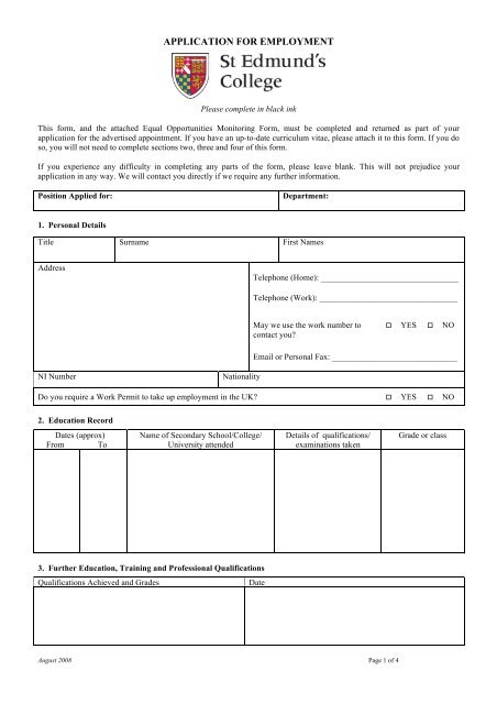 Job Application Form - St Edmund's College