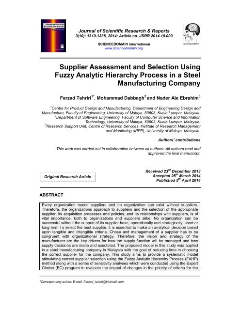 Supplier Assessment And Selection Using Fuzzy Analytic Hierarchy