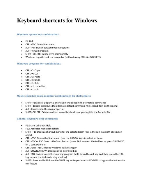 Keyboard shortcuts for Windows