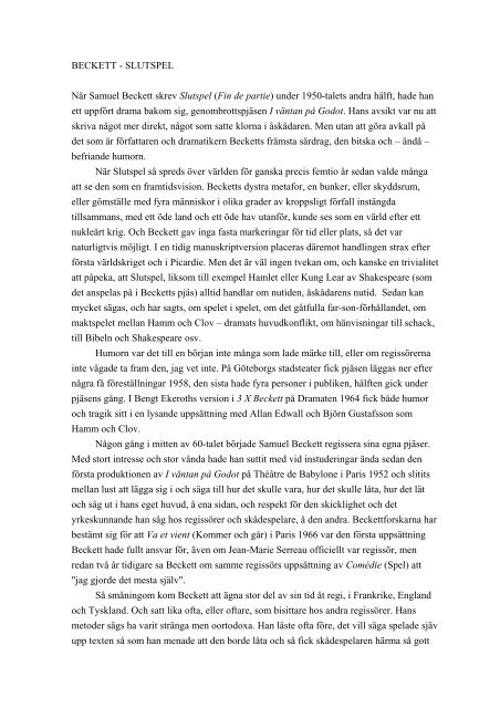 Magnus Hedlund om Beckett och Slutspel