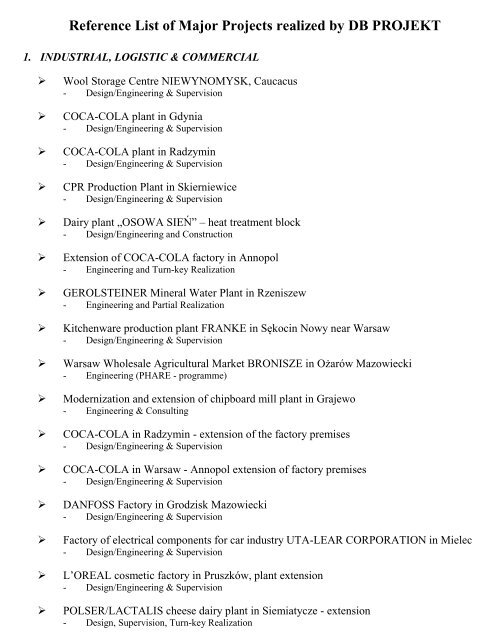 Reference List of Major Projects realized by DB PROJEKT