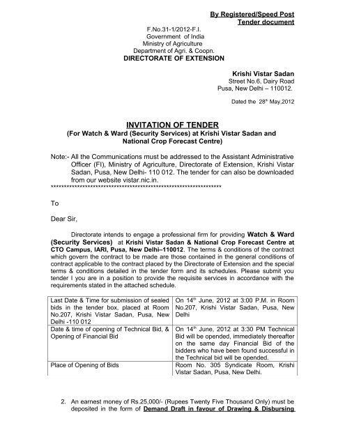 INVITATION OF TENDER - Directorate of Extension