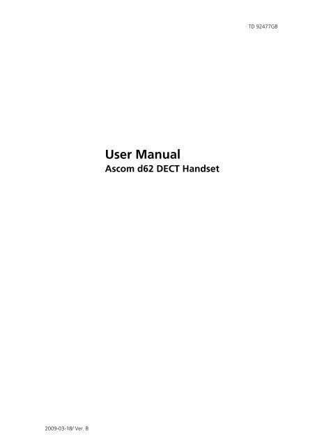 User Manual Ascom D62 Dect Handset Td 92477gb