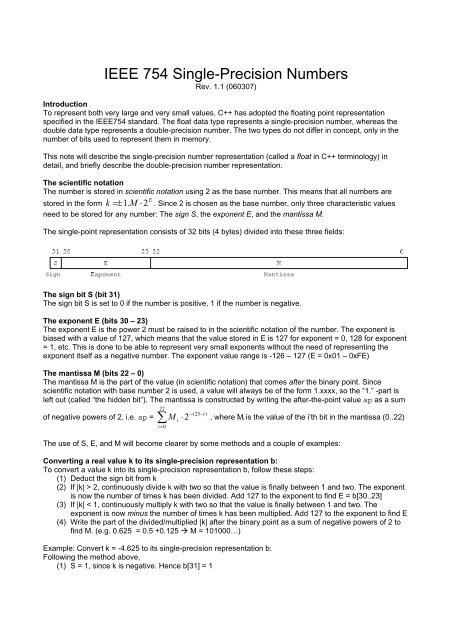 IEEE 754 Single-Precision Numbers IEEE 754 Single-Precision Numbers