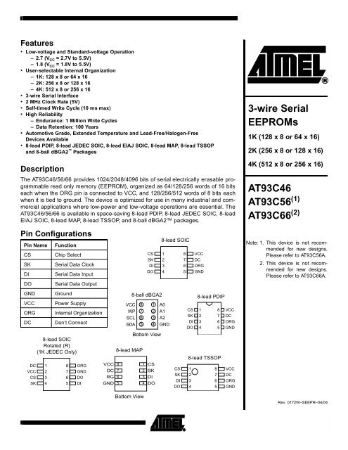 3-wire Serial EEPROMs AT93C46 AT93C56 AT93C66 - IPmart.com