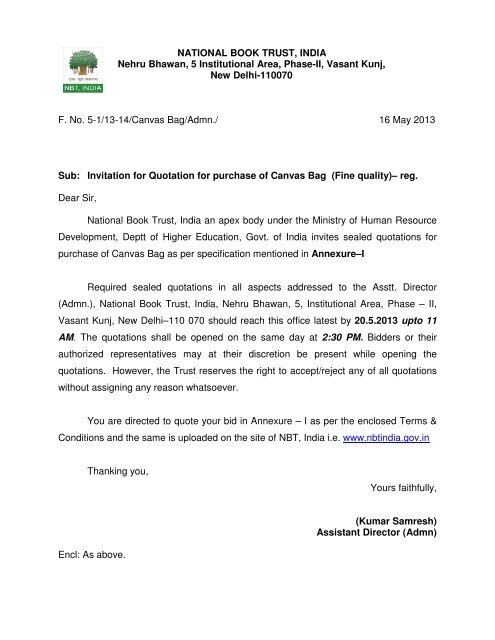 Invitation for Quotation for purchase of Canvas Bag (Fine quality)