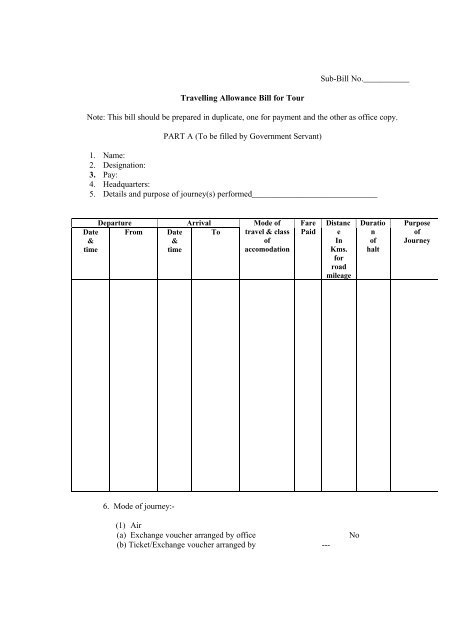 Travelling Allowance Bill for Tour
