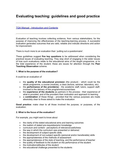Evaluating teaching: guidelines and good practice