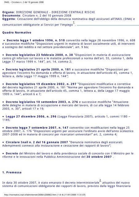 INAIL - Circolare n. 2 del 10 gennaio 2008 - ClicLavoro INAIL - Circolare n. 2 del 10 gennaio 2008 - ClicLavoro