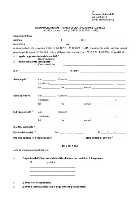 Modello DURC dichiarazione sostitutiva di certificazione