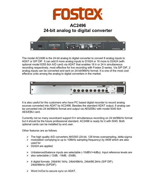 The model AC2496 is the 24-bit analog to digital converter ... - Fostex