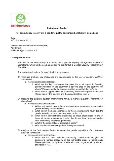 Invitation of Tender For consultancy to carry out a gender equality ...