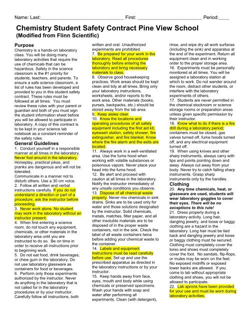 Chemistry Student Safety Contract Pine View School