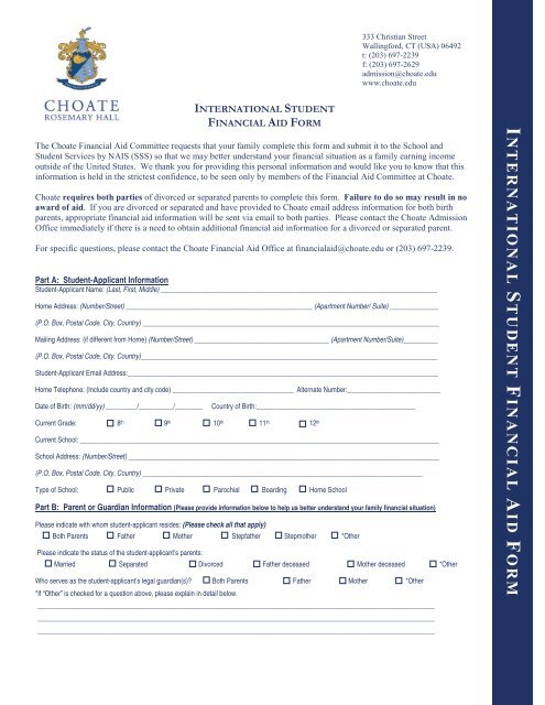 International Student Financial Aid Form - Choate Rosemary Hall