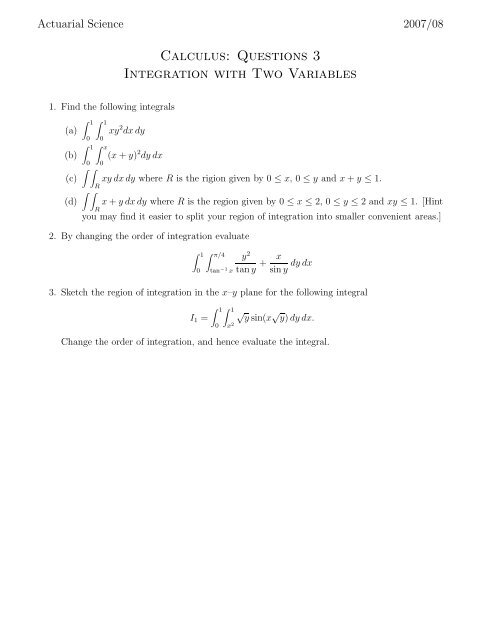 Calculus: Questions 3 Integration with Two Variables - Staff.city.ac.uk