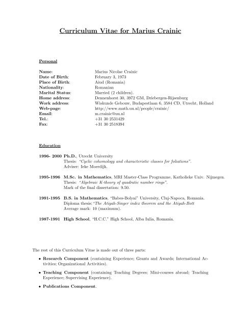 Curriculum Vitae for Marius Crainic