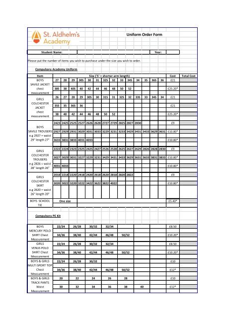 Uniform Order Form - St. Aldhelm's Academy