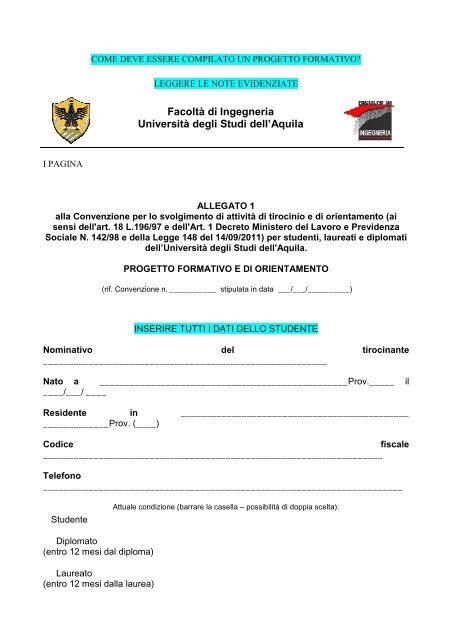 Istruzioni per la compilazione del Progetto Formativo (PDF)