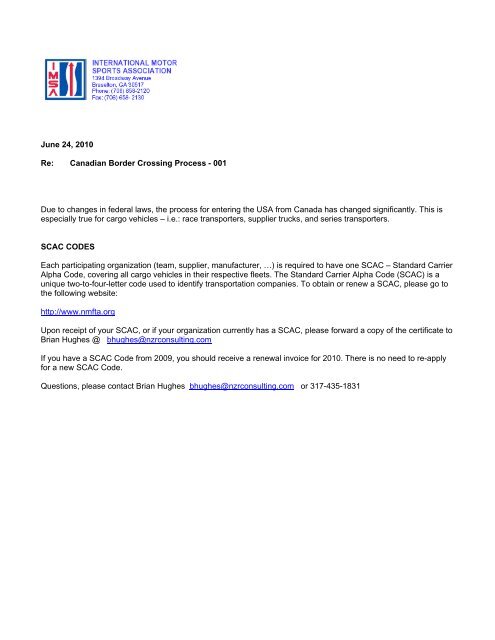 June 24, 2010 Re: Canadian Border Crossing Process - 001 Due to ...