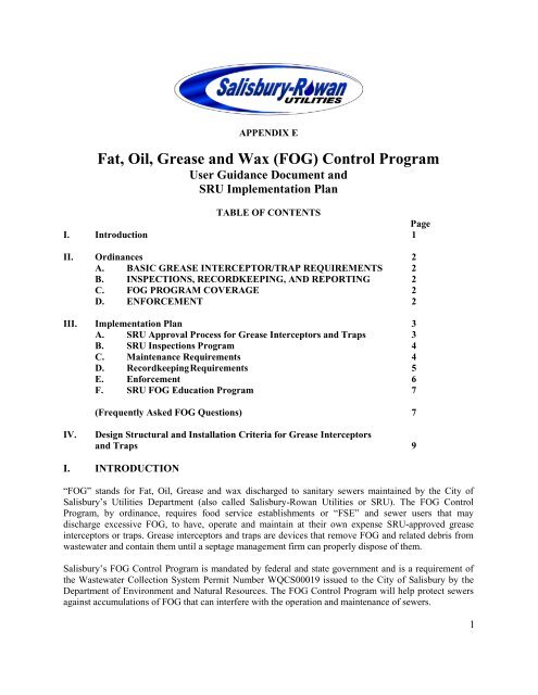 Fat, Oil, Grease and Wax (FOG) Control Program