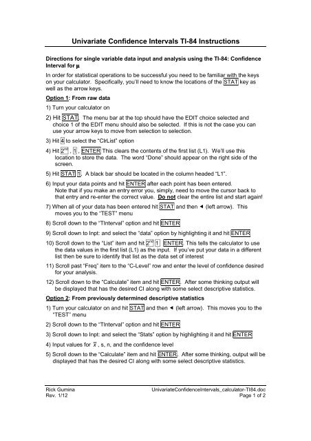 Univariate Confidence Intervals TI-84 Instructions - Statistics