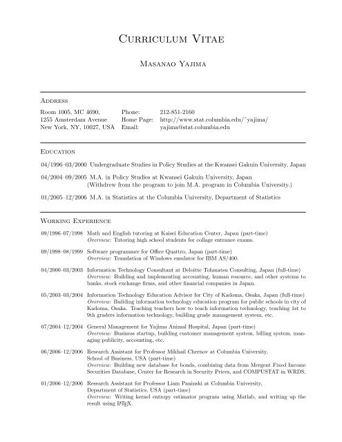 Curriculum Vitae - Department of Statistics - Columbia University Curriculum Vitae - Department of Statistics - Columbia University