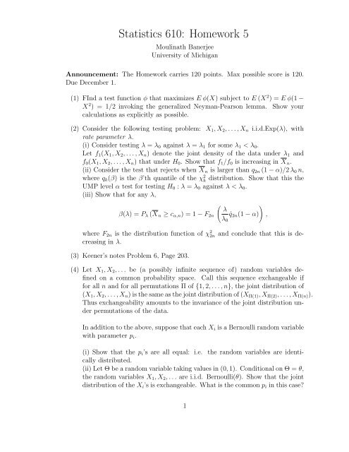 Statistics 610: Homework 5 - University of Michigan