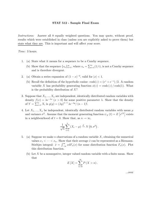 STATISTICS 512 SAMPLE FINAL EXAM Instructions: Answer all ...