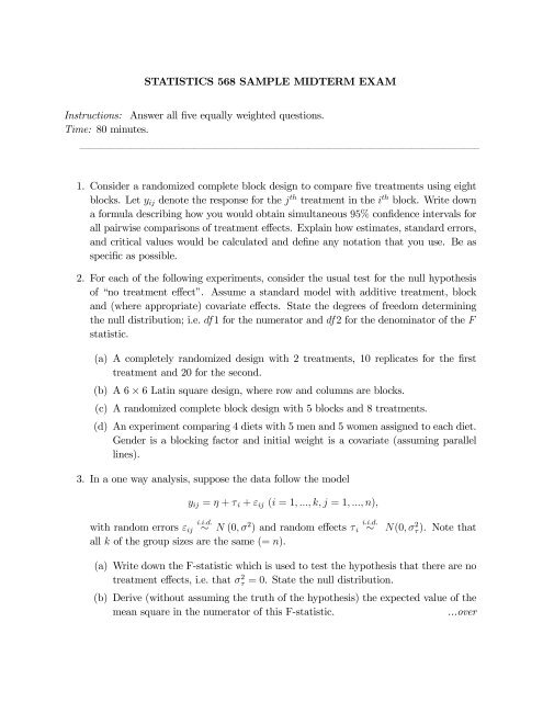 STATISTICS 568 SAMPLE MIDTERM EXAM Instructions: Answer all ... STATISTICS 568 SAMPLE MIDTERM EXAM Instructions: Answer all ...