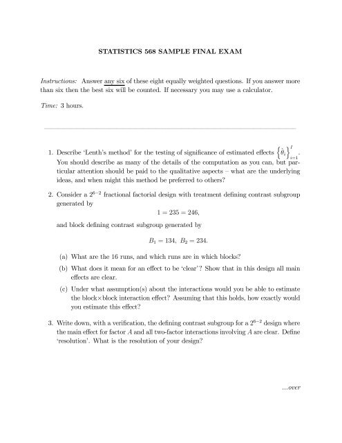 STATISTICS 568 SAMPLE FINAL EXAM Instructions: Answer any six ...