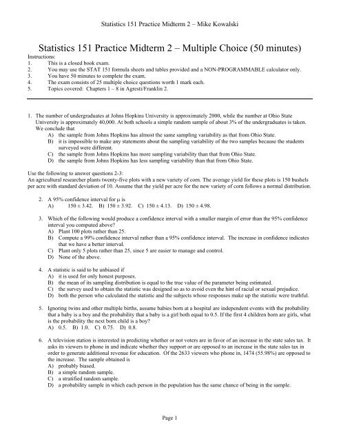 Statistics 151 Practice Midterm 2 â Multiple Choice 50 Minutes