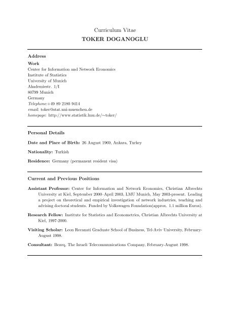 Curriculum Vitae TOKER DOGANOGLU - Institut für Statistik ... Curriculum Vitae TOKER DOGANOGLU - Institut für Statistik ...
