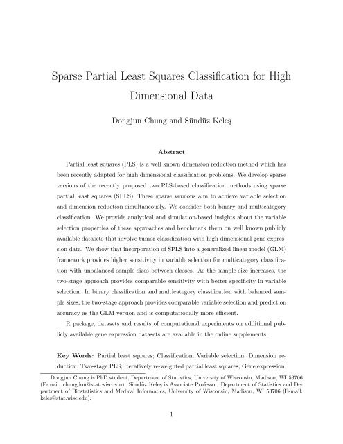 Sparse Partial Least Squares Classification For High Dimensional Data