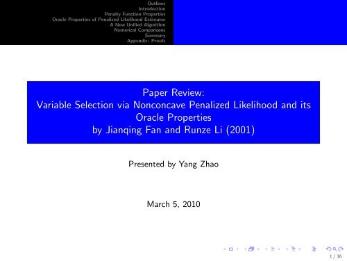 Paper Review: Variable Selection via Nonconcave Penalized ...