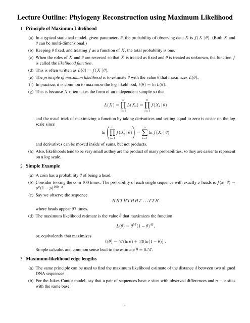 Lecture Outline: Phylogeny Reconstruction using Maximum Likelihood