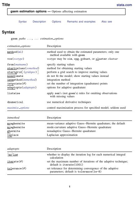 gsem estimation options - Stata