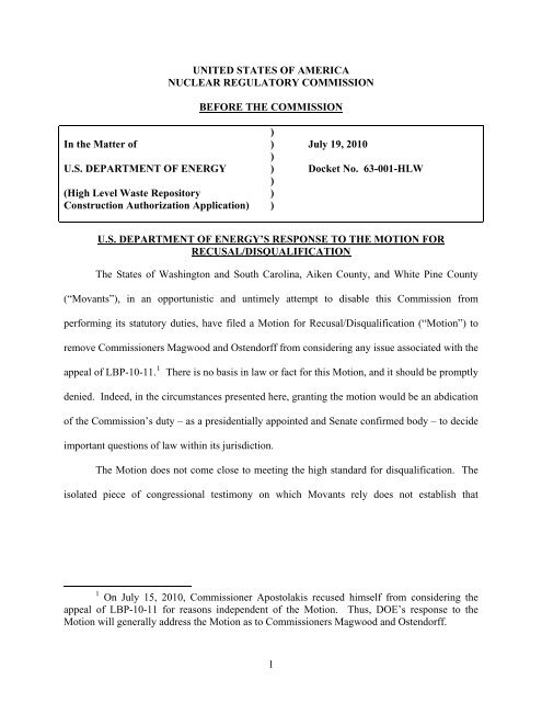 u.s. department of energy's response to the motion for recusal ...