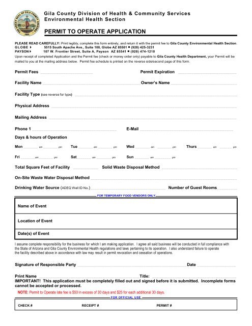 PERMIT TO OPERATE APPLICATION - Gila County