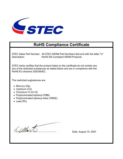 RoHS Certification - sTec, Inc