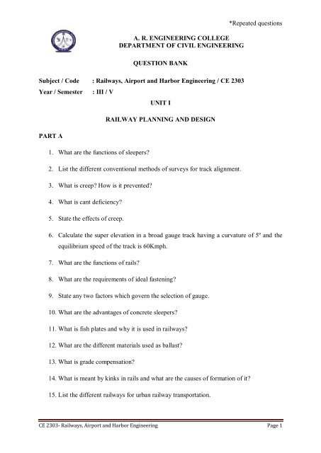 Railways, Airport and Harbour Engineering - AR Engineering College