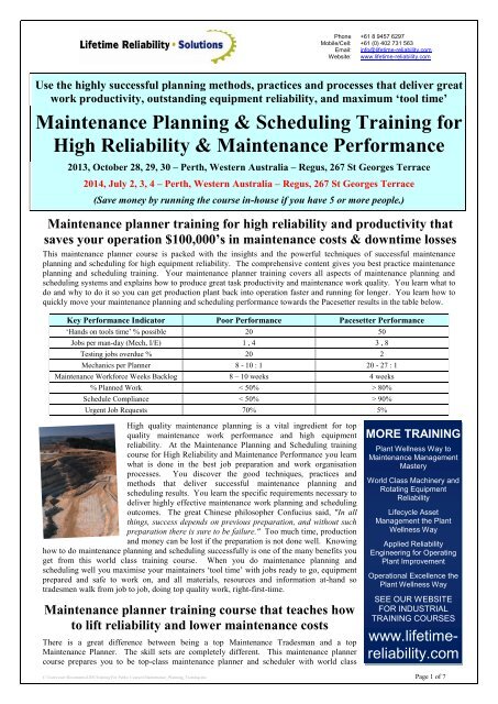 Maintenance Planning & Scheduling - Lifetime Reliability
