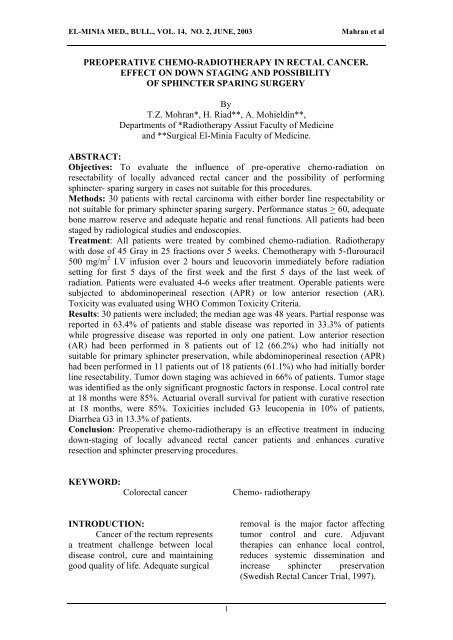 Preoperative chemo-radiotherapy in rectal cancer