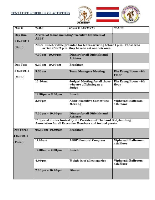 TENTATIVE SCHEDULE OF ACTIVITIES - ABBF