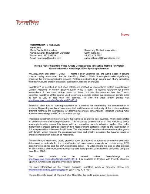 Secondary Contact Information - NanoDrop