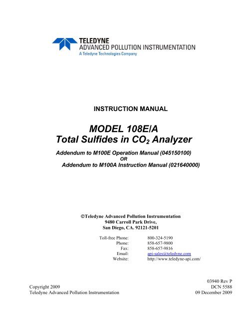 MODEL 108E/A Total Sulfides in CO2 Analyzer - Teledyne API