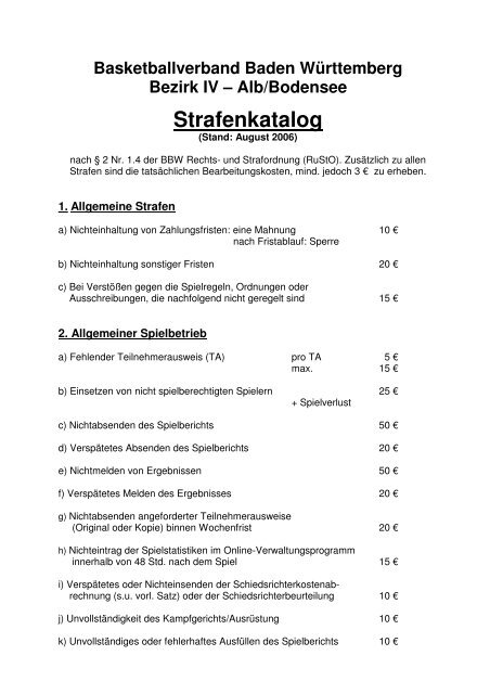 Strafenkatalog des Bezirks (PDF) - TV Derendingen Basketball