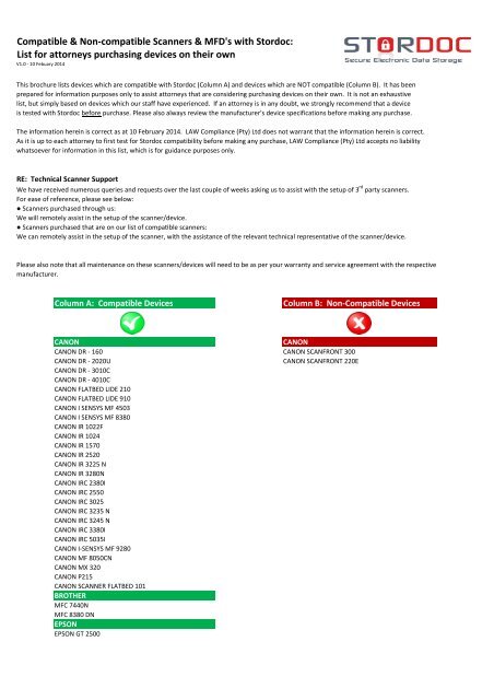 Compatible & non-compatible devices for ... - LAW Compliance