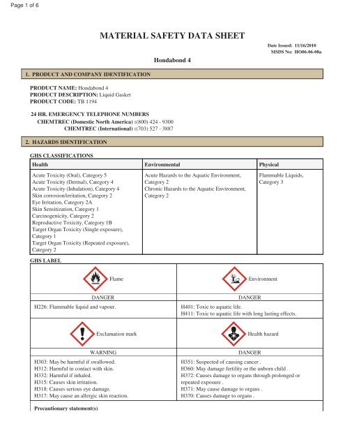 MATERIAL SAFETY DATA SHEET - Rocky Mountain ATV/MC