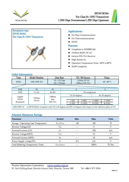 EPON BOSA For Class B+ ONU Transceiver 1.250 ... - Wamin.com.tw