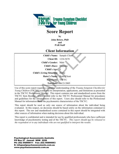 TSCYC Score Report - Psychological Assessments Australia